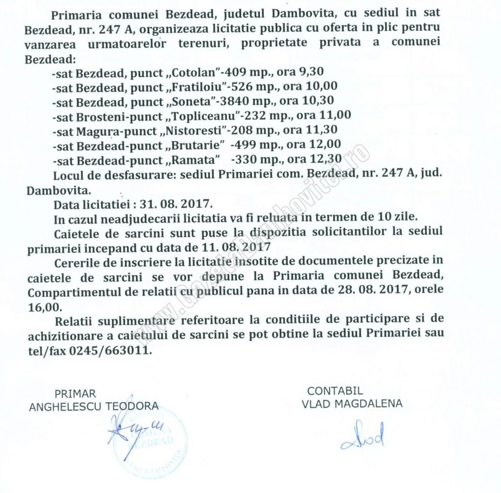 Anunț Primăria Bezdead vânzare terenuri