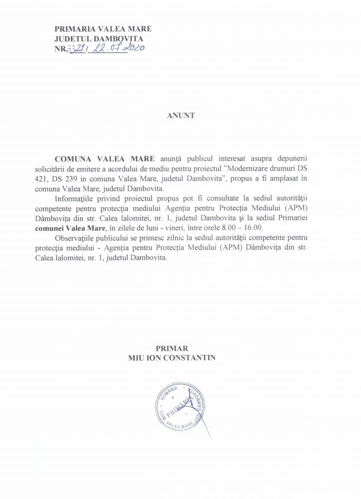 Anunt: Primăria Valea Mare, solicitare acord de mediu pentru modernizare drumuri